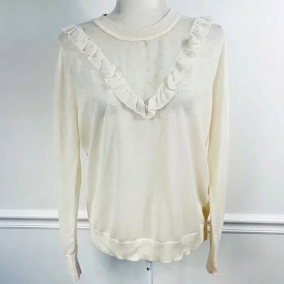 LOFT | Sweaters | New Loft Cream Ruffle Sheer Dot Yoke Mixed Media ...